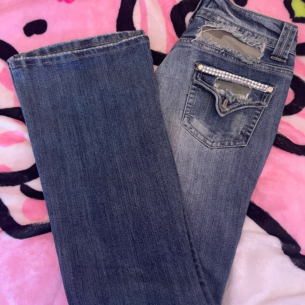 Y2k Rhinestone Camo Flare Jeans - Gem
